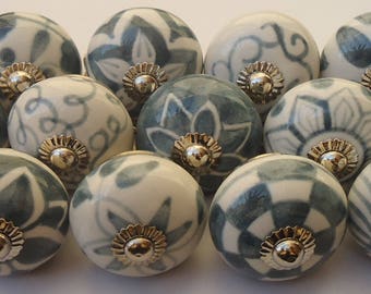 Grey and White Assorted Ceramic Knobs Handpainted Ceramic Door Knobs Kitchen Cabinet Knobs ...