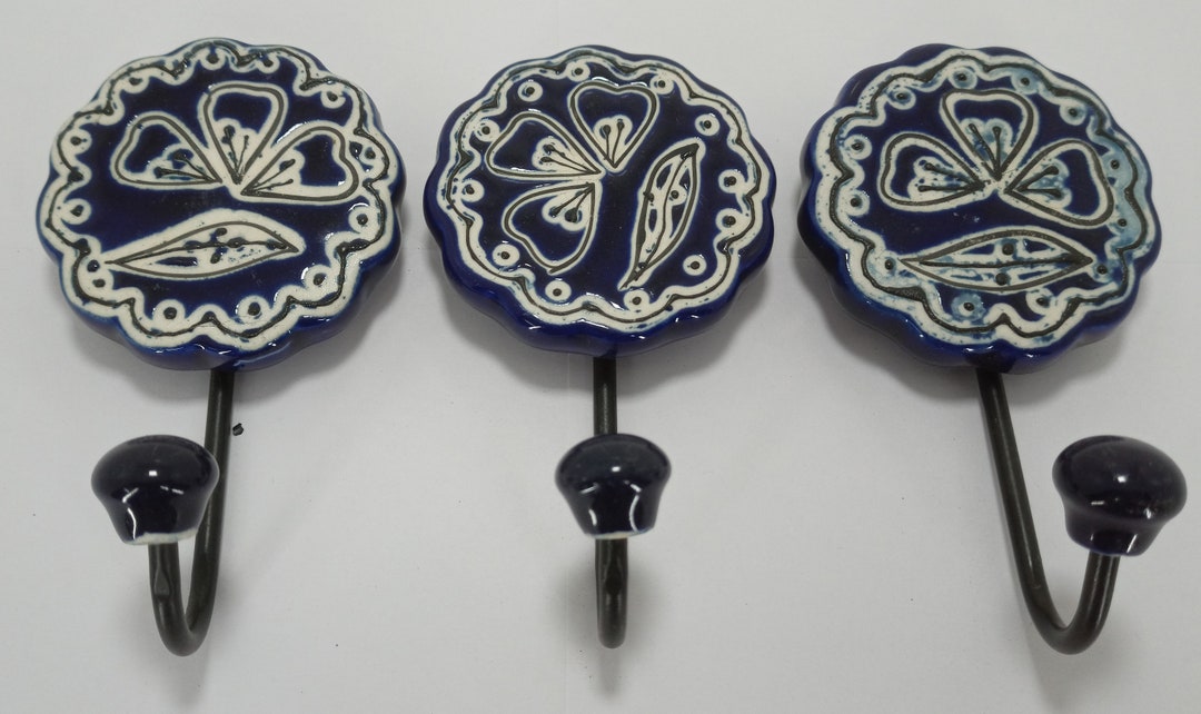 Blue Color Ceramic Wall Hooks Multi-colour Handmade Handpainted Cabinet ...