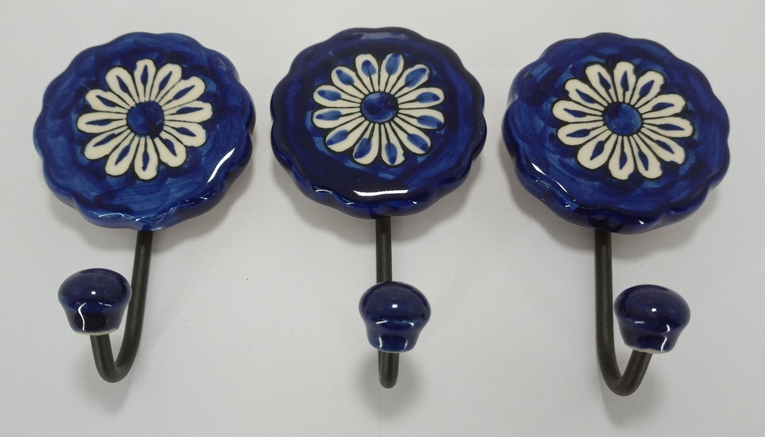 Blue Color Ceramic Wall Hooks Handmade Handpainted Cabinet Metal ...