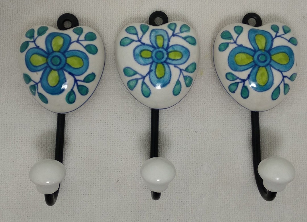 Heart Shape Ceramic Wall Hooks Handmade Handpainted Cabinet Metal ...