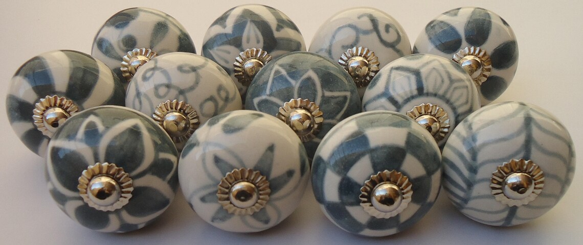 Grey and White Ceramic Knobs Handpainted Kitchen Cabinet Knobs | Etsy