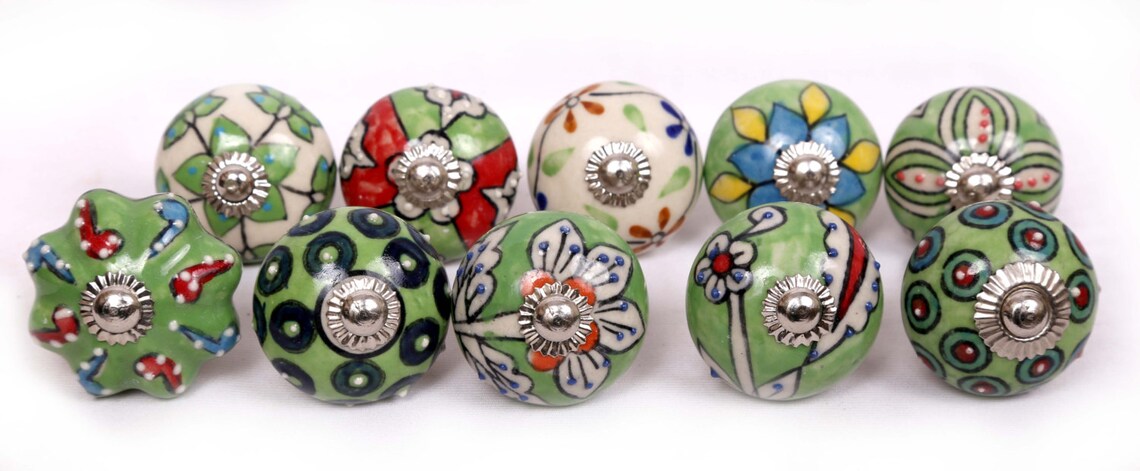 Hand-painted Green Ceramic Knobs, Embossed Cabinet Hardware - Etsy