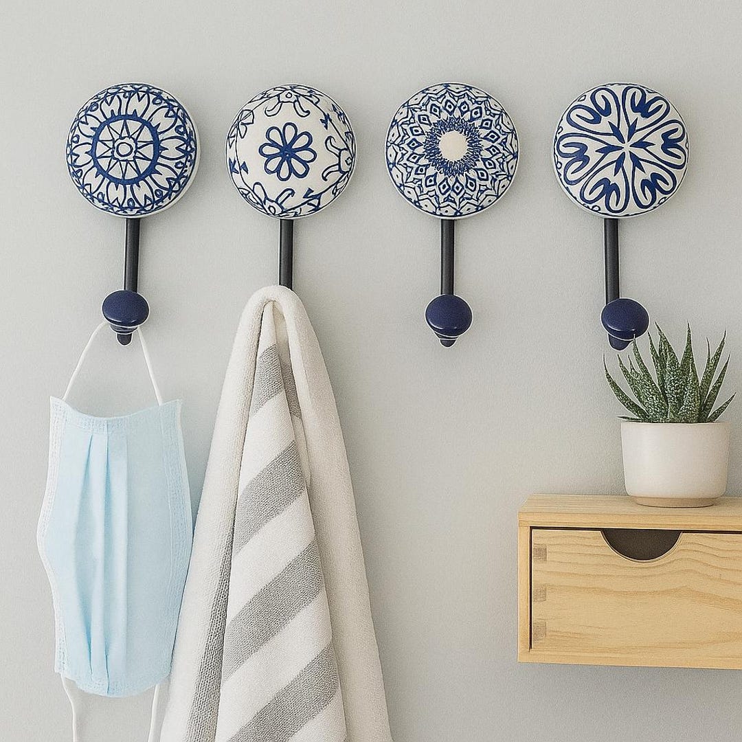 Blue Ceramic Decorative Hooks – Kitchen, Bathroom, Coat, Towel Hangers ...