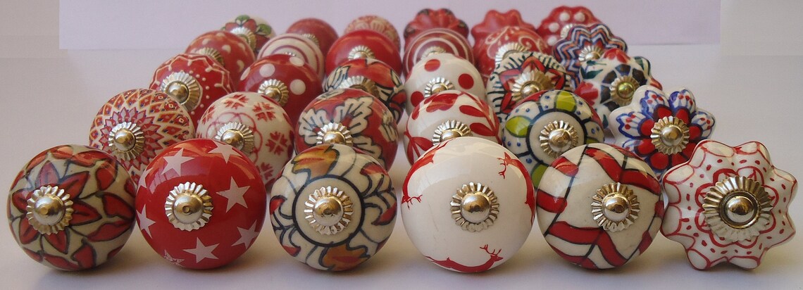 Red and White Assorted Ceramic Knobs Hand Painted Ceramic Door - Etsy