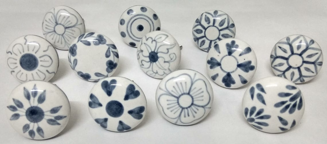 Grey and White Flat Ceramic Knobs Handpainted Kitchen Cabinet - Etsy