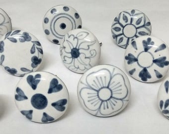 Grey and White Ceramic Knobs Handpainted Kitchen Cabinet Knobs | Etsy