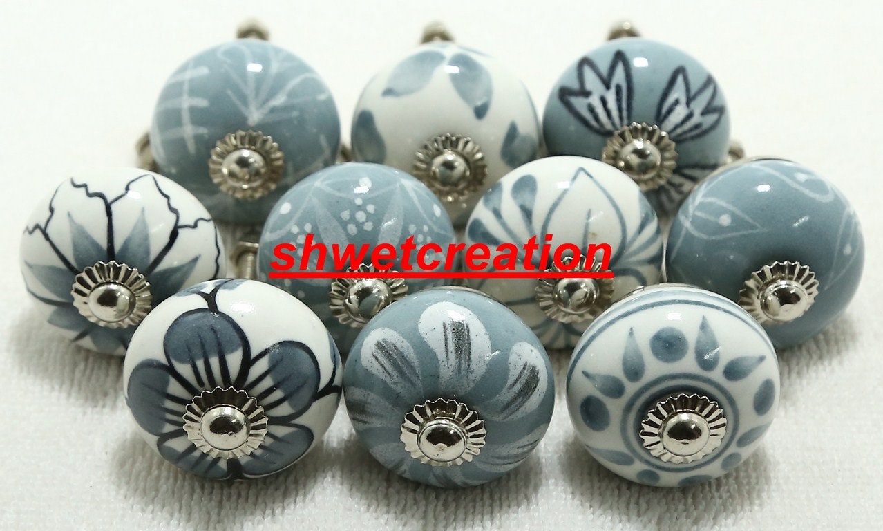 Grey and White Ceramic Knobs Handpainted Ceramic Door Knobs Kitchen Cabinet Knobs Drawer Knobs ...