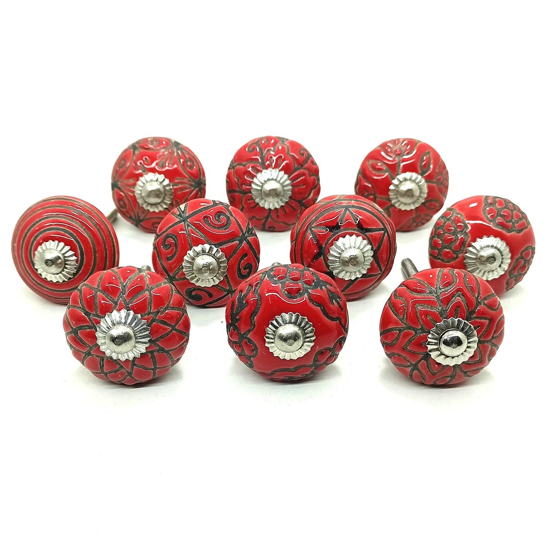 Red Ceramic Knobs, Vintage Style Drawer Pulls - Etsy