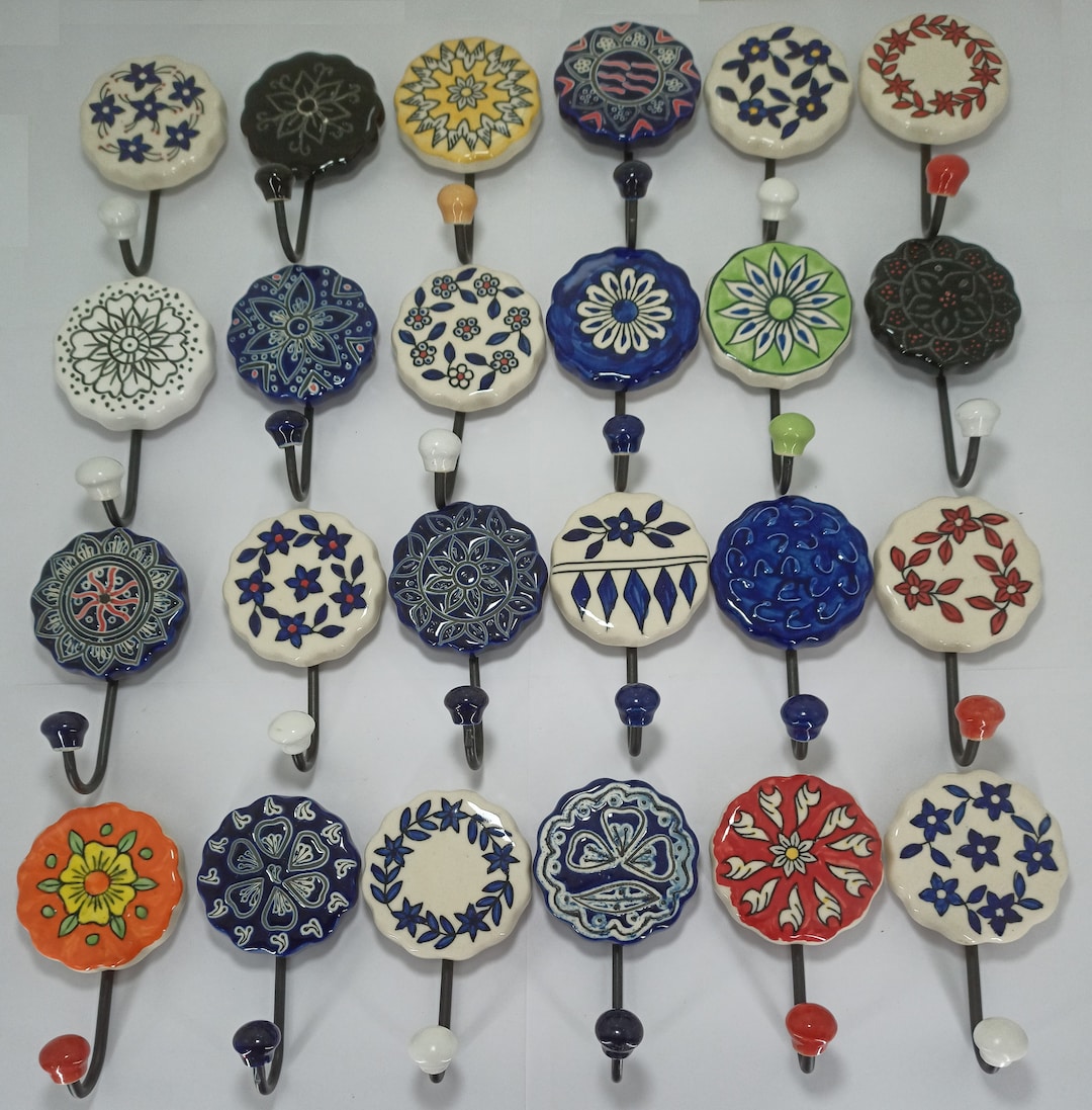 Assorted Multicolor Ceramic Wall Hooks Handmade Handpainted Cabinet ...