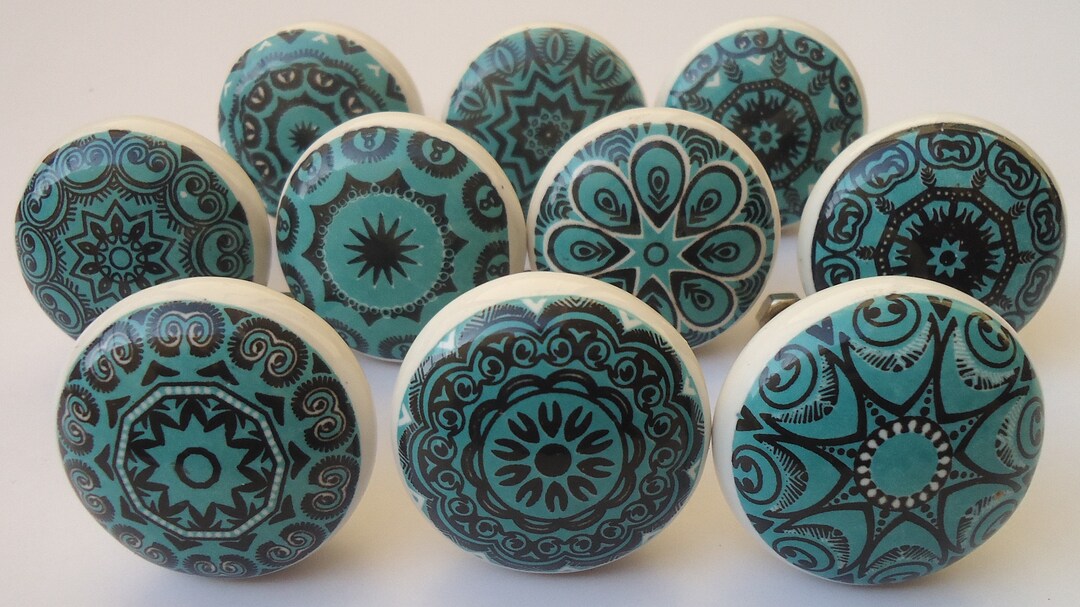 Black & Teal Color Ceramic Knobs Kitchen Cabinet Drawer Knobs Hardware ...