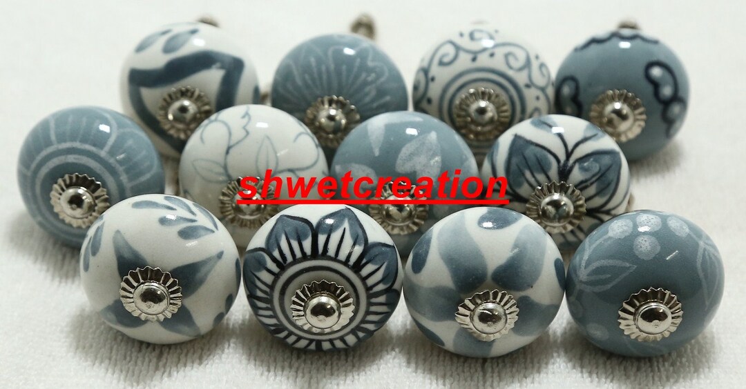 Grey and White Ceramic Knobs Handpainted Ceramic Door Knobs Kitchen Cabinet Knobs Drawer Knobs ...