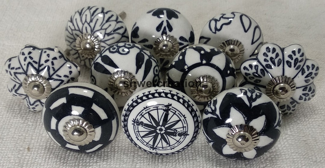 Black and White Ceramic Knobs Kitchen Cabinet Knobs Handpainted Knobs Ceramic Door Knobs Drawer ...