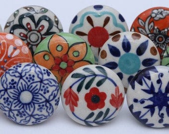 Blue Floral Artistic Knobs Hand-painted Kitchen Cabinet Drawer Pulls Handmade Ceramic Door ...