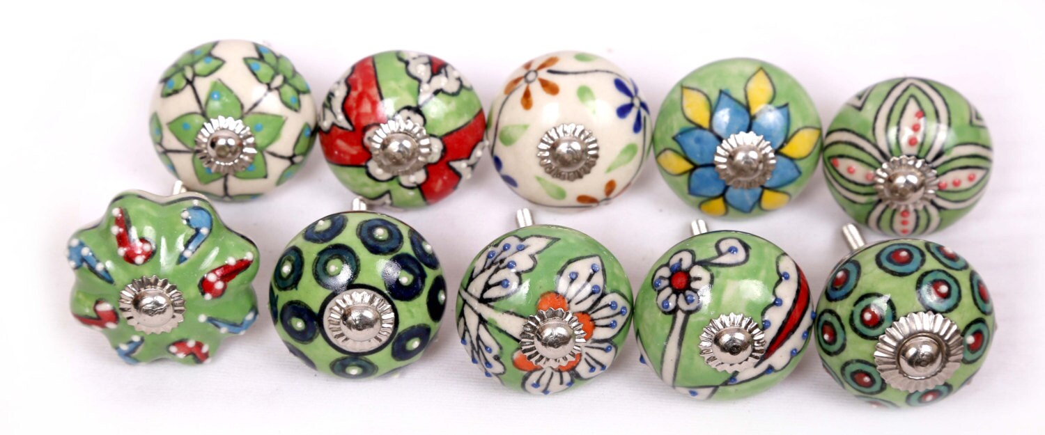Hand-painted Green Ceramic Knobs, Embossed Cabinet Hardware - Etsy