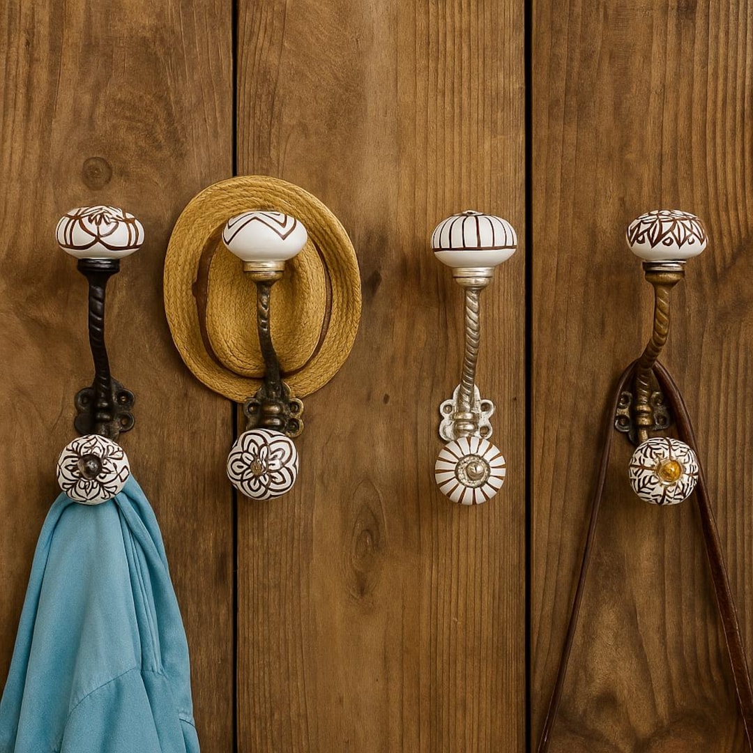 Vintage Ceramic Wall Hooks With Floral Knobs – Decorative Rustic Coat ...