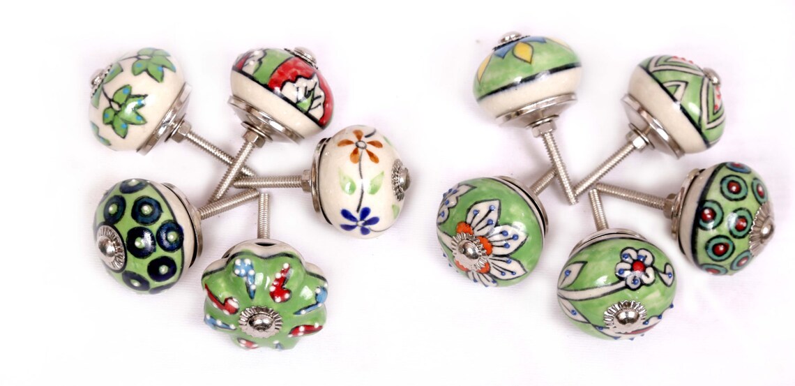 Hand-painted Green Ceramic Knobs, Embossed Cabinet Hardware - Etsy
