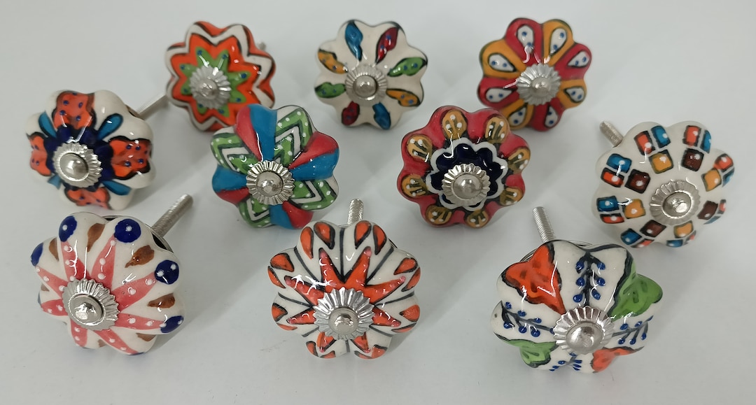 Dotted Mix Color Multi Designed Ceramic Cupboard Cabinet Door Knobs Drawer Pulls & Chrome ...