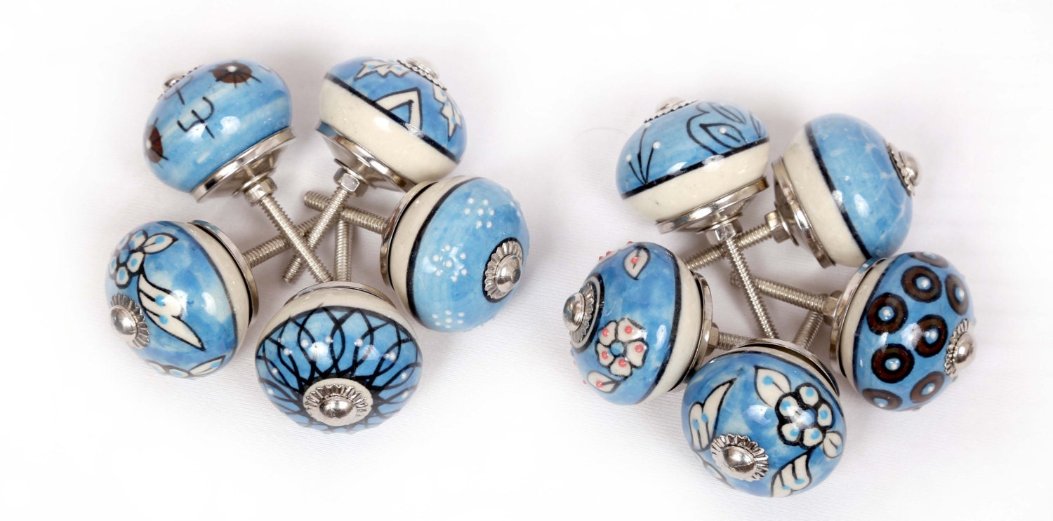 Ornated Blue Emboss Ceramic Knobs Hand Painted Ceramic Door | Etsy
