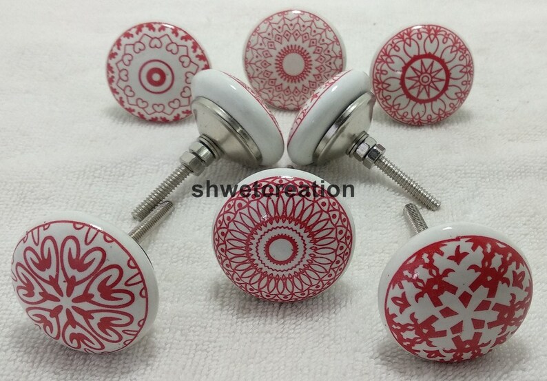 Red & White Ceramic Knobs Kitchen Cabinet Drawer Knobs | Etsy