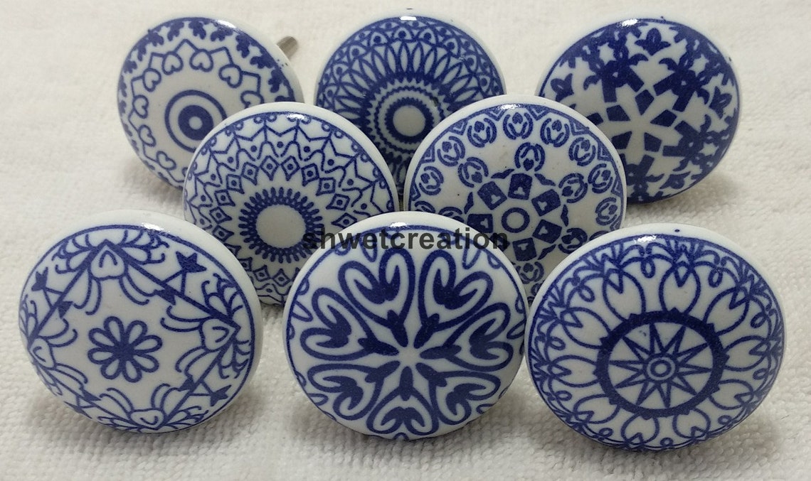 Blue & White Ceramic Knobs Kitchen Cabinet Drawer Knobs - Etsy