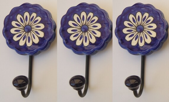 Blue Color Ceramic Wall Hooks Handmade Handpainted Cabinet | Etsy