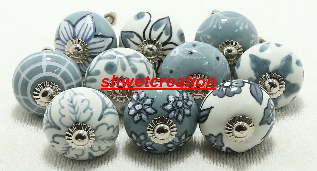 Grey and White Ceramic Knobs Handpainted Ceramic Door Knobs Kitchen Cabinet Knobs Drawer Knobs ...