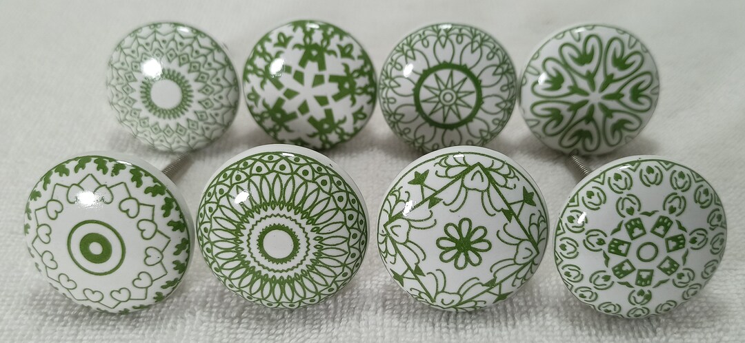 Green & White Ceramic Knobs Kitchen Cabinet Drawer Knobs Hardware Knobs Handmade Knobs Cabinet ...