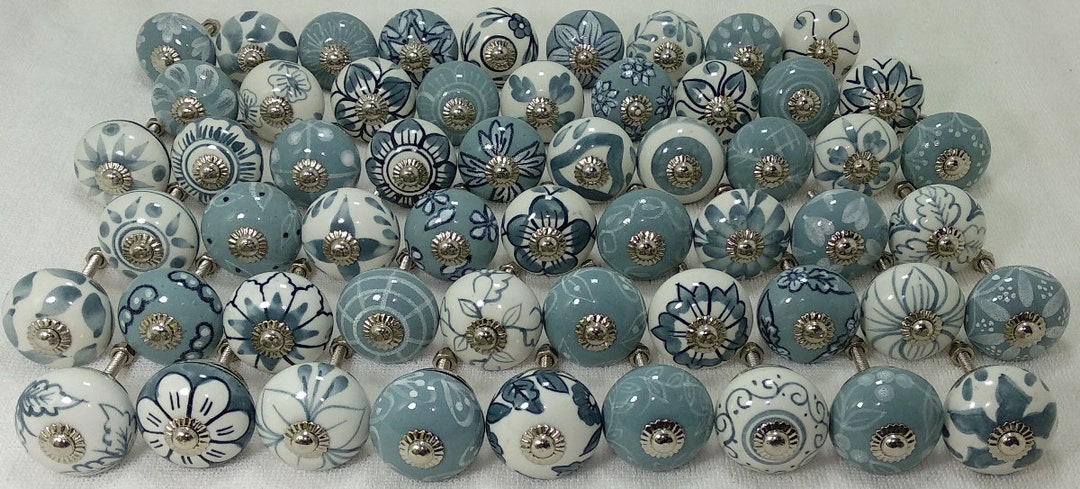 Grey and White Assorted Ceramic Knobs Handpainted Ceramic Door Knobs Kitchen Cabinet Knobs ...