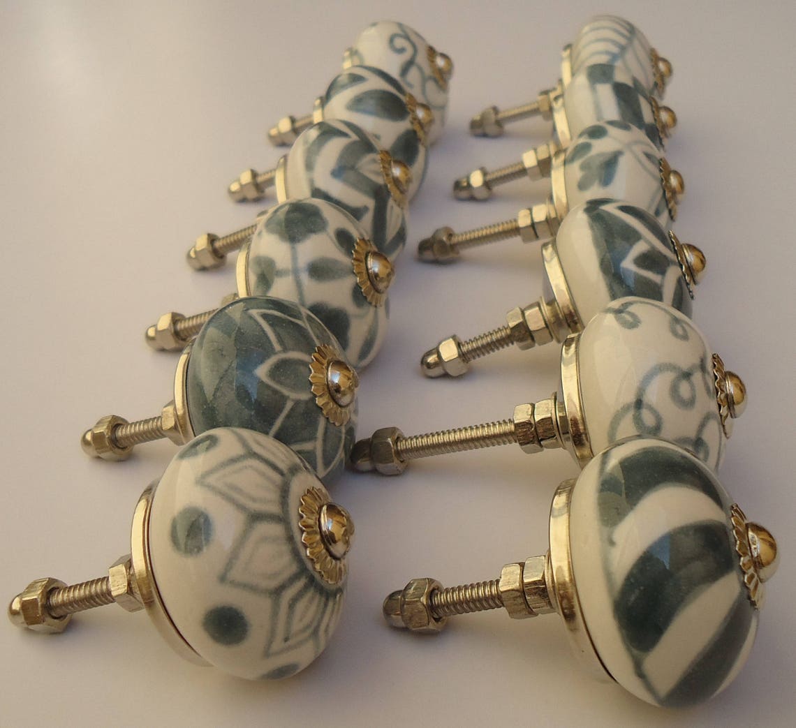 Grey and White Ceramic Knobs Handpainted Kitchen Cabinet Knobs | Etsy