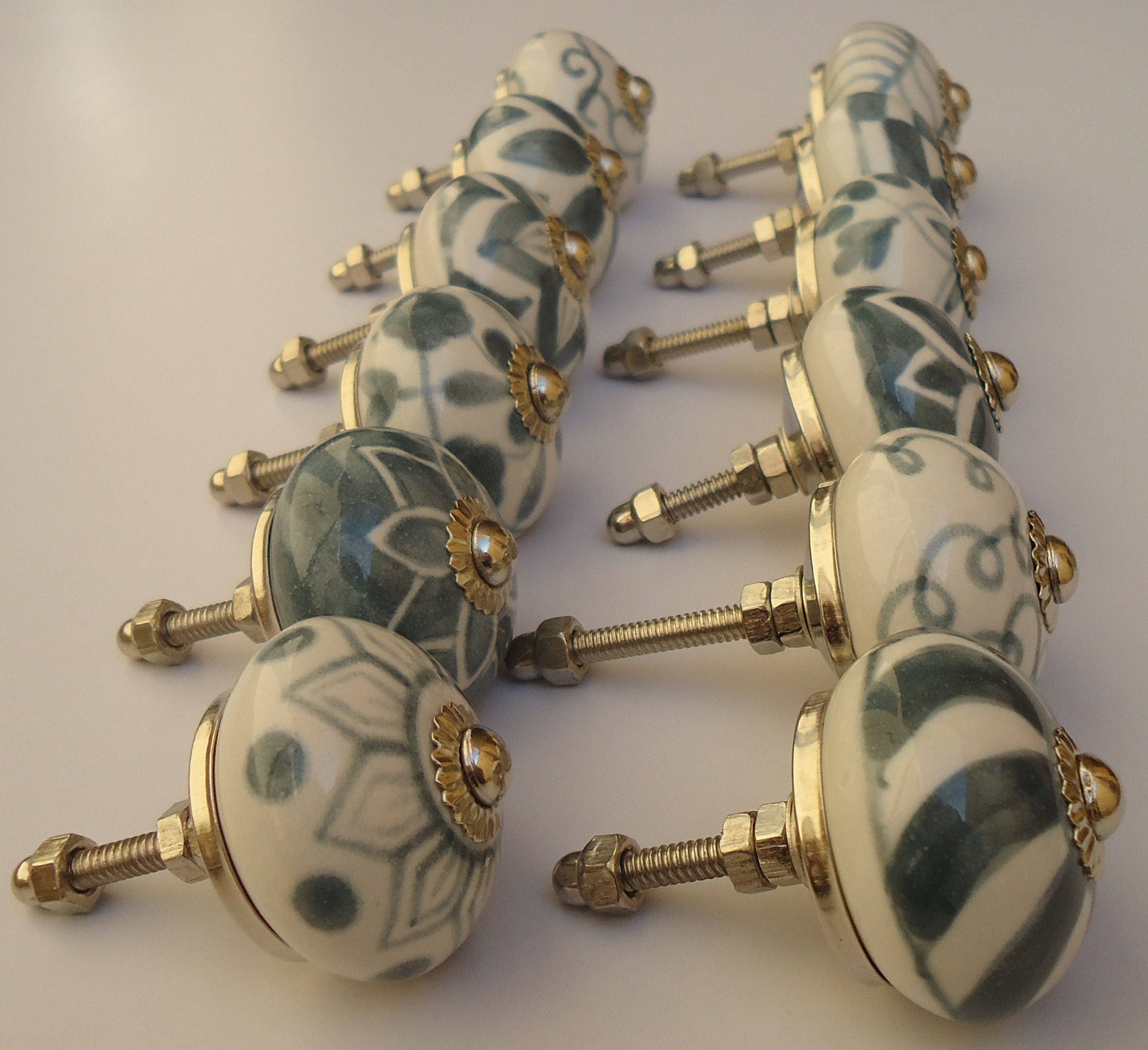 Grey and White Ceramic Knobs Handpainted Kitchen Cabinet Knobs | Etsy