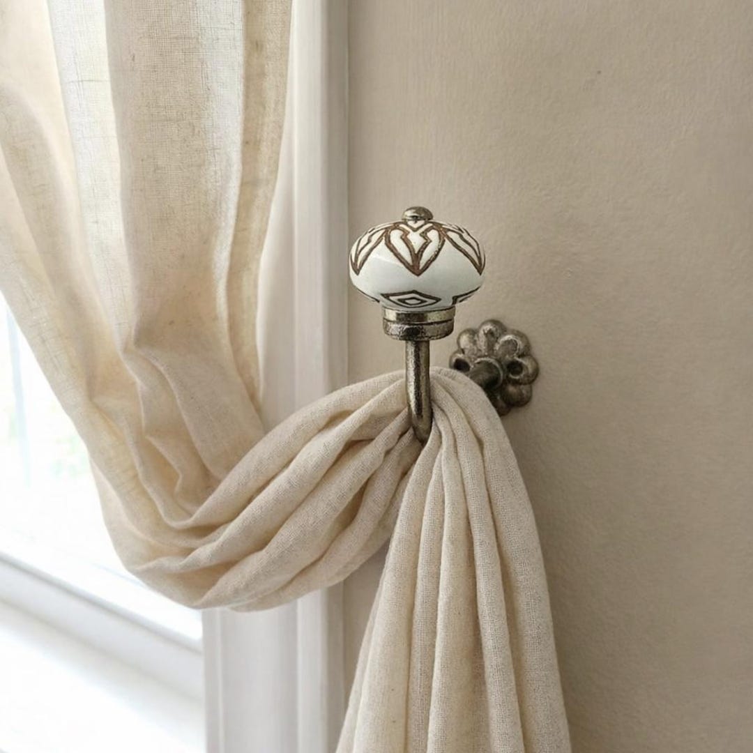 Ceramic Curtain Tieback Hook – Boho Floral Knob, Rustic Drapery ...