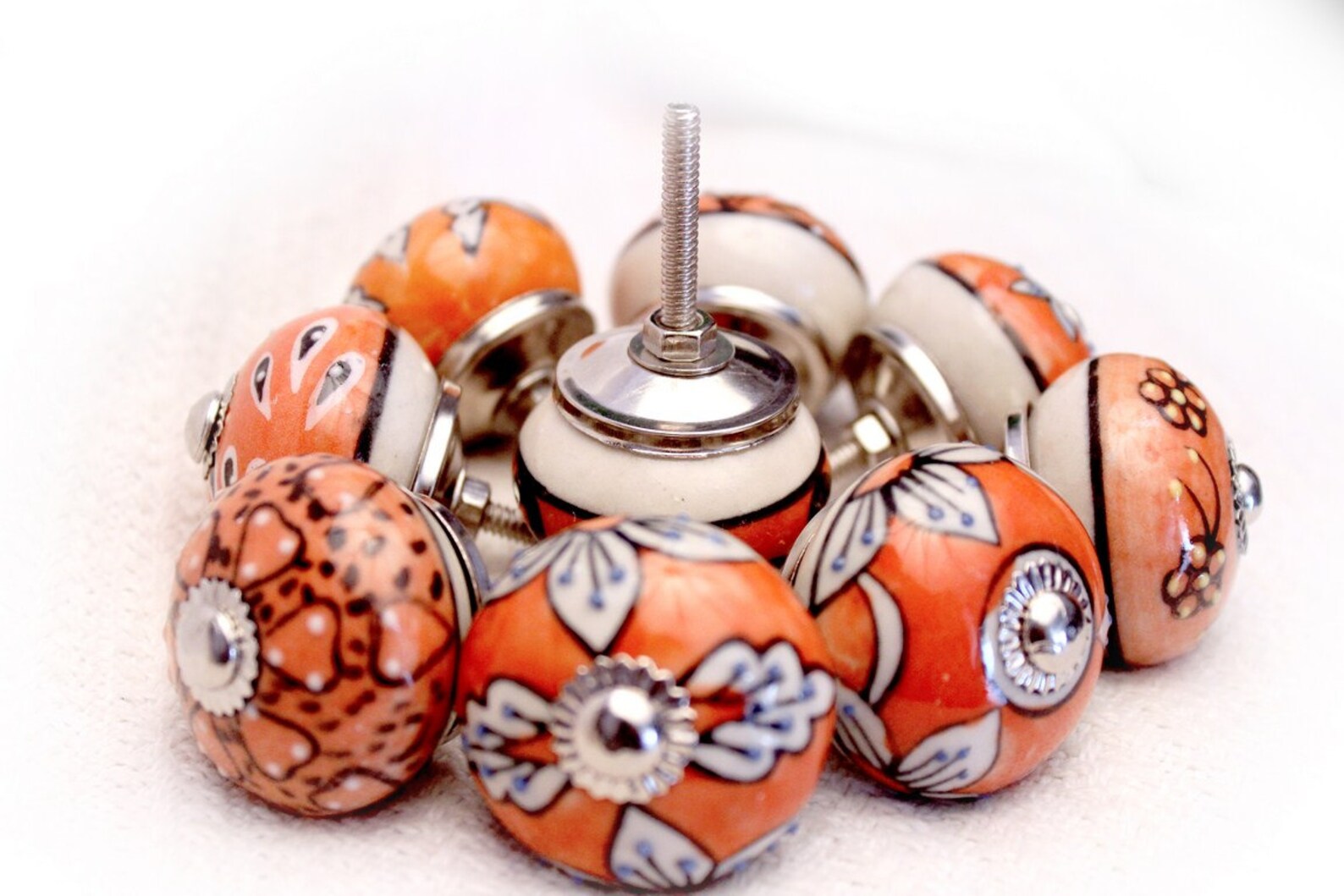 Hand-painted Orange Ceramic Knob, Embossed Floral Cabinet Drawer Pull ...