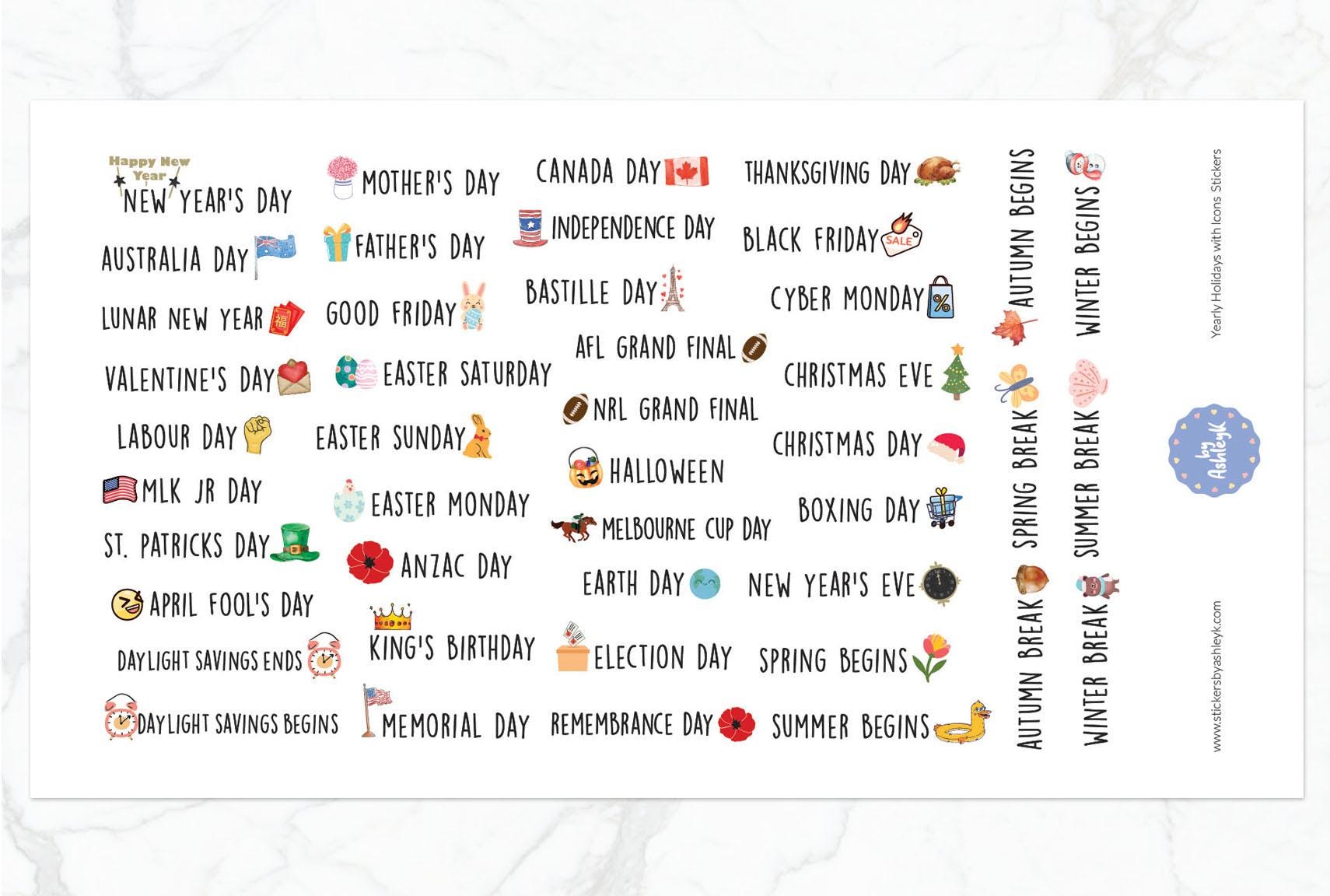 Yearly Public Holiday With Icons Planner Stickers | Australian Public ...
