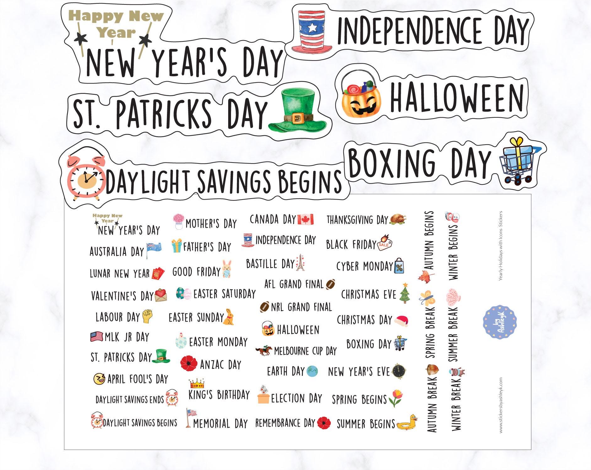 Yearly Public Holiday With Icons Planner Stickers | Australian Public ...
