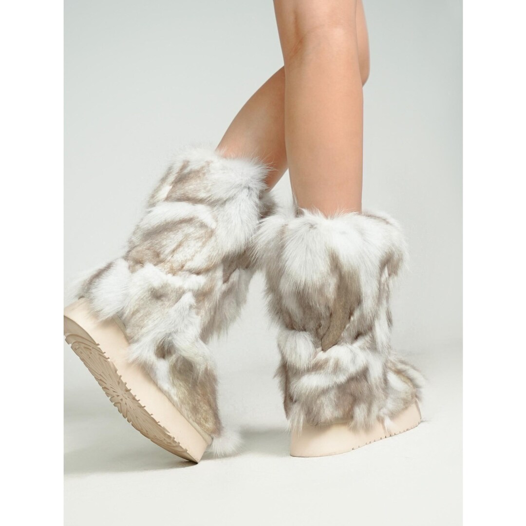Silver Fox Fur Women Boots, 2 High Sole, Genuine Fox Fur Snow Furry Ski ...