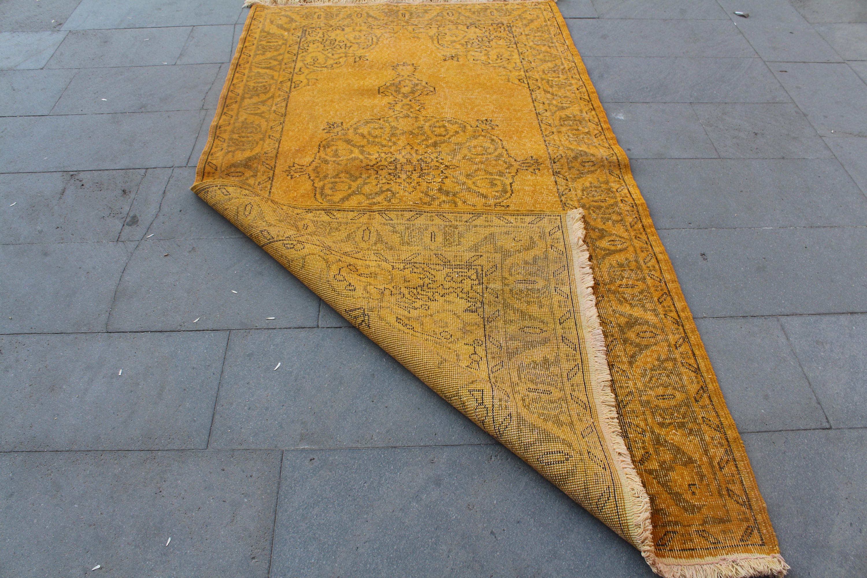 Turkish vintage Rug Overdyed yellow rug Oushak overdyed | Etsy