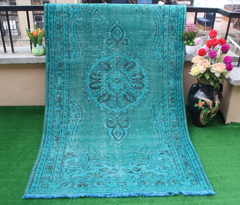 Turkish Turquoise Blue Overdyed Rug Vintage Overdyed Area | Etsy