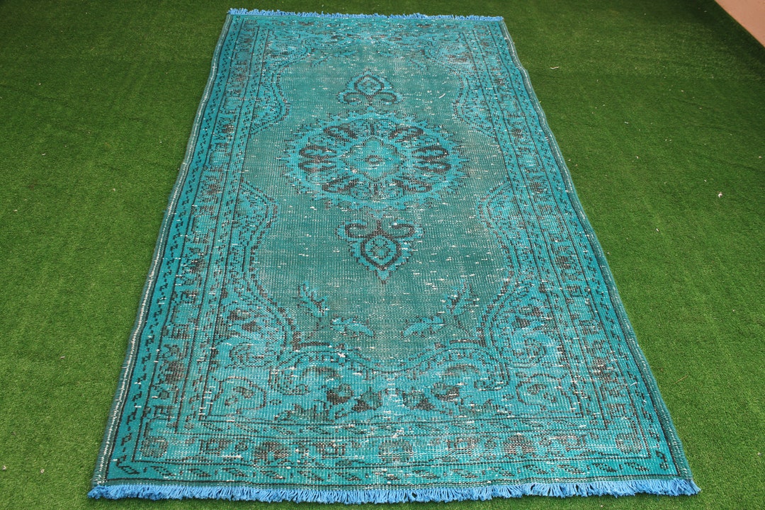 Turkish Turquoise Blue Overdyed Rug, Vintage Overdyed Area Rug, Oushak ...