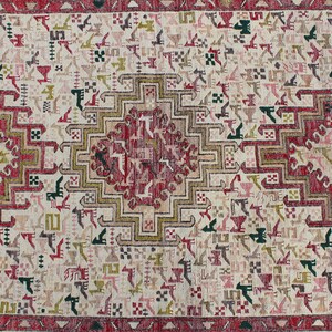 Vintage Sumak Kilim Rug ,silk Sumak Rooster Rug, Sumak Rug Kilim, Pale ...