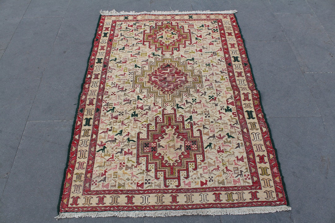Vintage Sumak Kilim Rug ,silk Sumak Rooster Rug, Sumak Rug Kilim, Pale ...