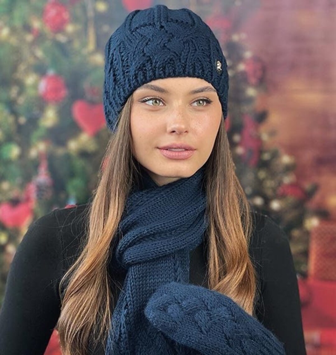 Womens Winter Hats and Scarf and Gloves Set - Cozy Knit Hat Scarf ...