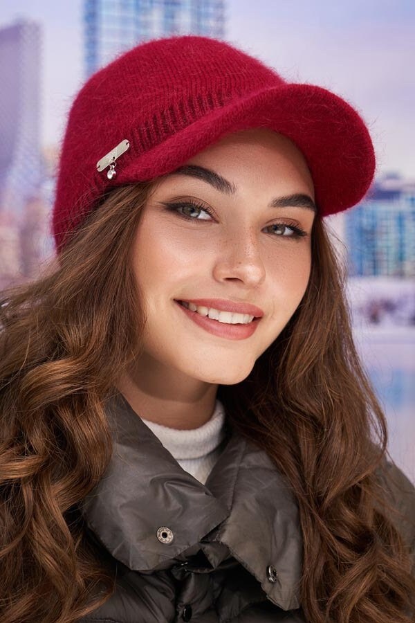 Wool Angora Warm Hat - Fur Winter Baseball Cap for Women - Knit Black ...