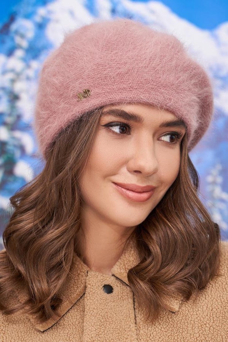 Fluffy White Classic Beret for Women Wool Angora Warm Hat Knitted Black ...