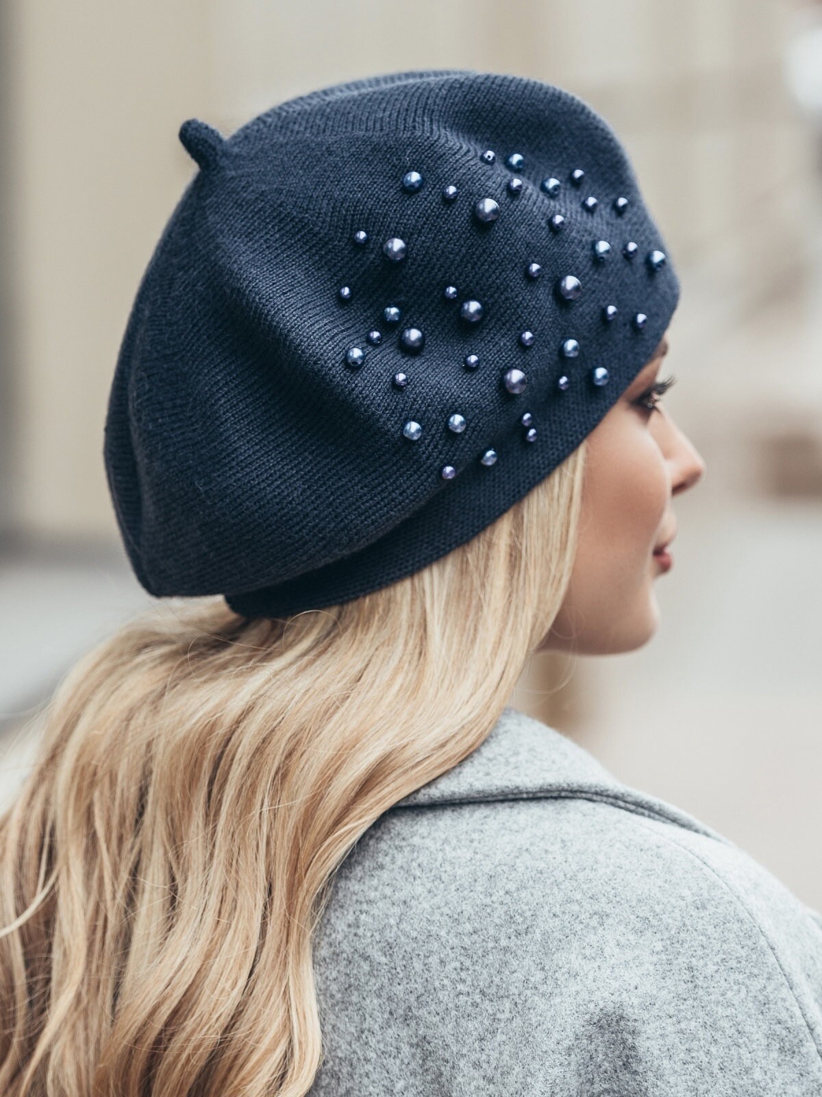 Dark Blue Classic Beret for Women - Wool Angora Warm Beret Hat - Knit ...