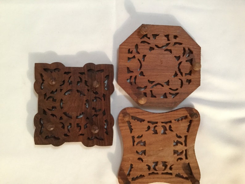 Wooden Carved Trivet Hot Plates Lot of 3 Floral Motif Wood Vintage ...