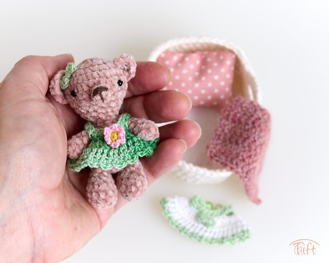 Miniature Amigurumi Bear Lucy: Handmade Crochet Plush With Basket Bed ...