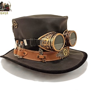 Steampunk Leather Decorated Top Hat Time Traveller With Goggles XL Size ...