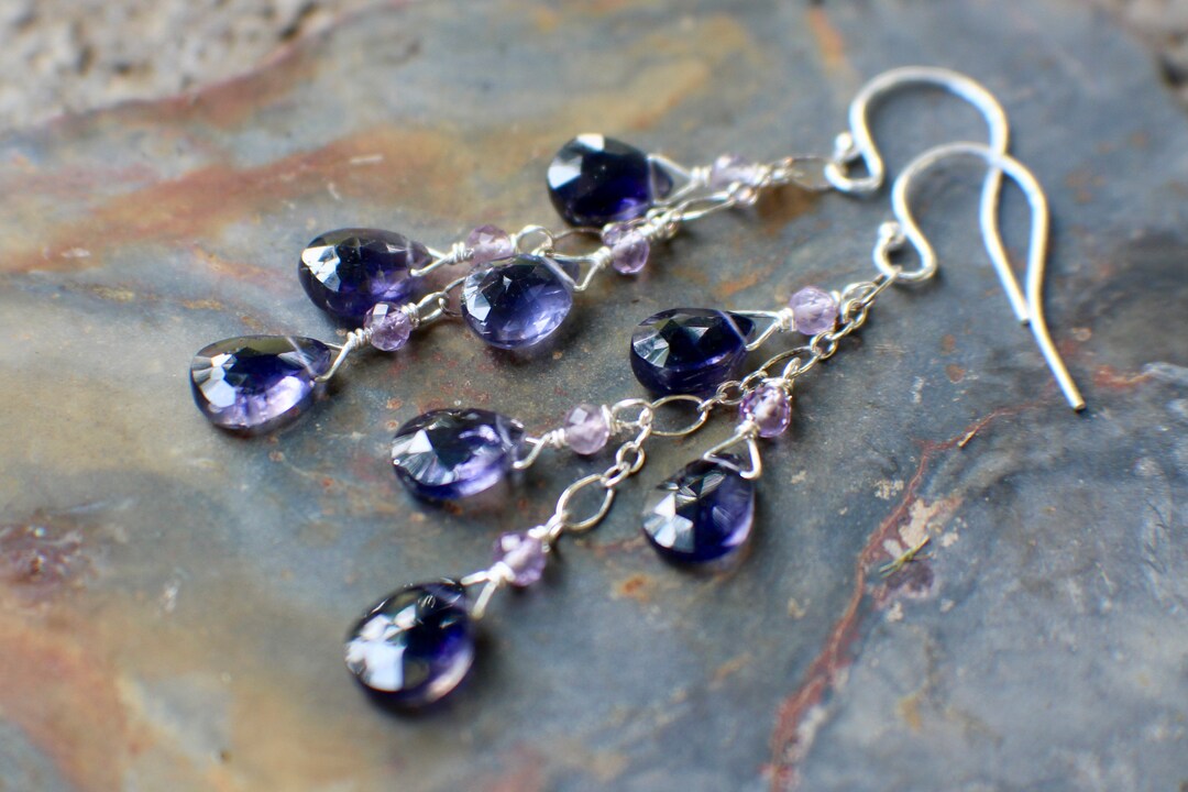 Water Sapphire & Amethyst Gemstone Earrings, Sterling Silver Chain ...