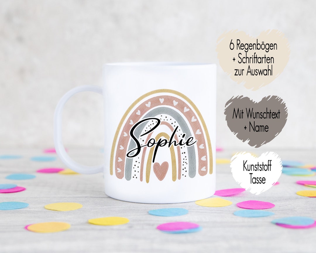 Children's Mug With Name Rainbow Heart Pastel Plastic Cup Personalized ...