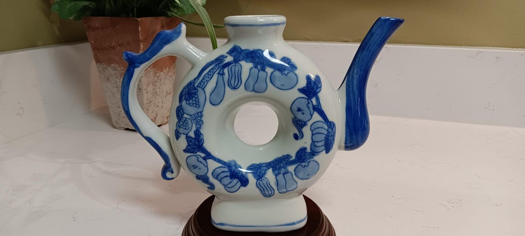 Vintage Donut Teapot / Vase Blue & White Fruit Design - Etsy